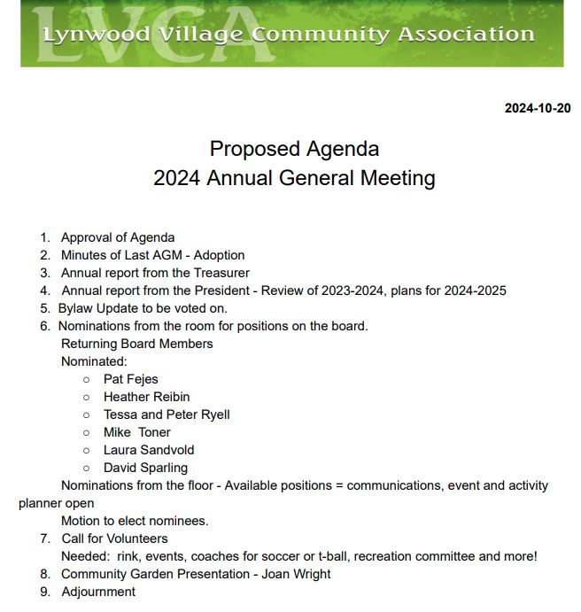 2024 AGM Agenda – Lynwood Village Community Association